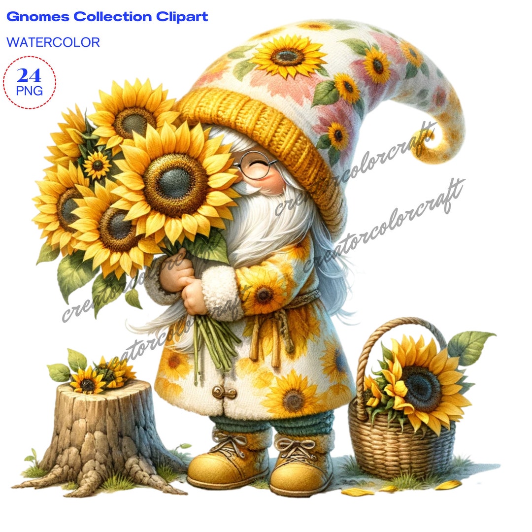 Sunflower Gnome Clipart, Bundle Png, Garden Clipart, Spring Gnome Png ...