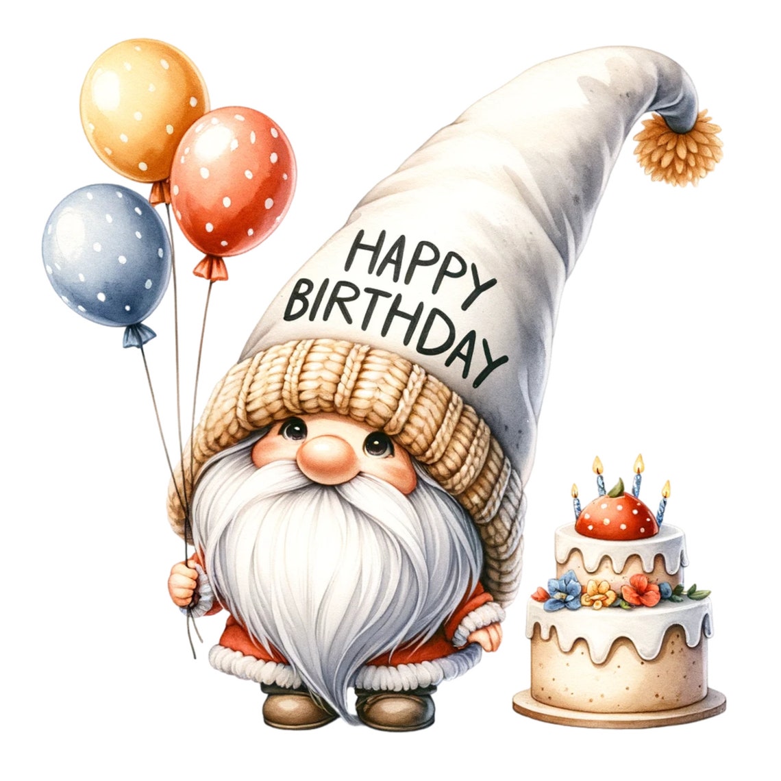 Birthday Gnome Clipart, 12 PNG Watercolor, Junk Journal, Card Making ...