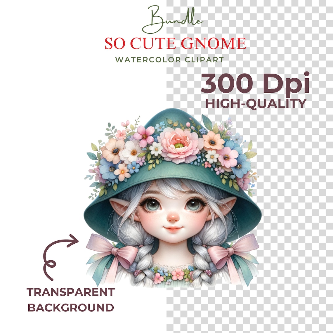 Girl Gnome Clipart, Gnome Clip Art, Spring Floral Watercolor Clipart ...