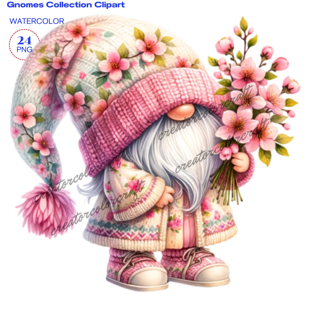 Pink Cherry Blossom Gnome Clipart, Garden Clipart, Spring Gnome Png ...