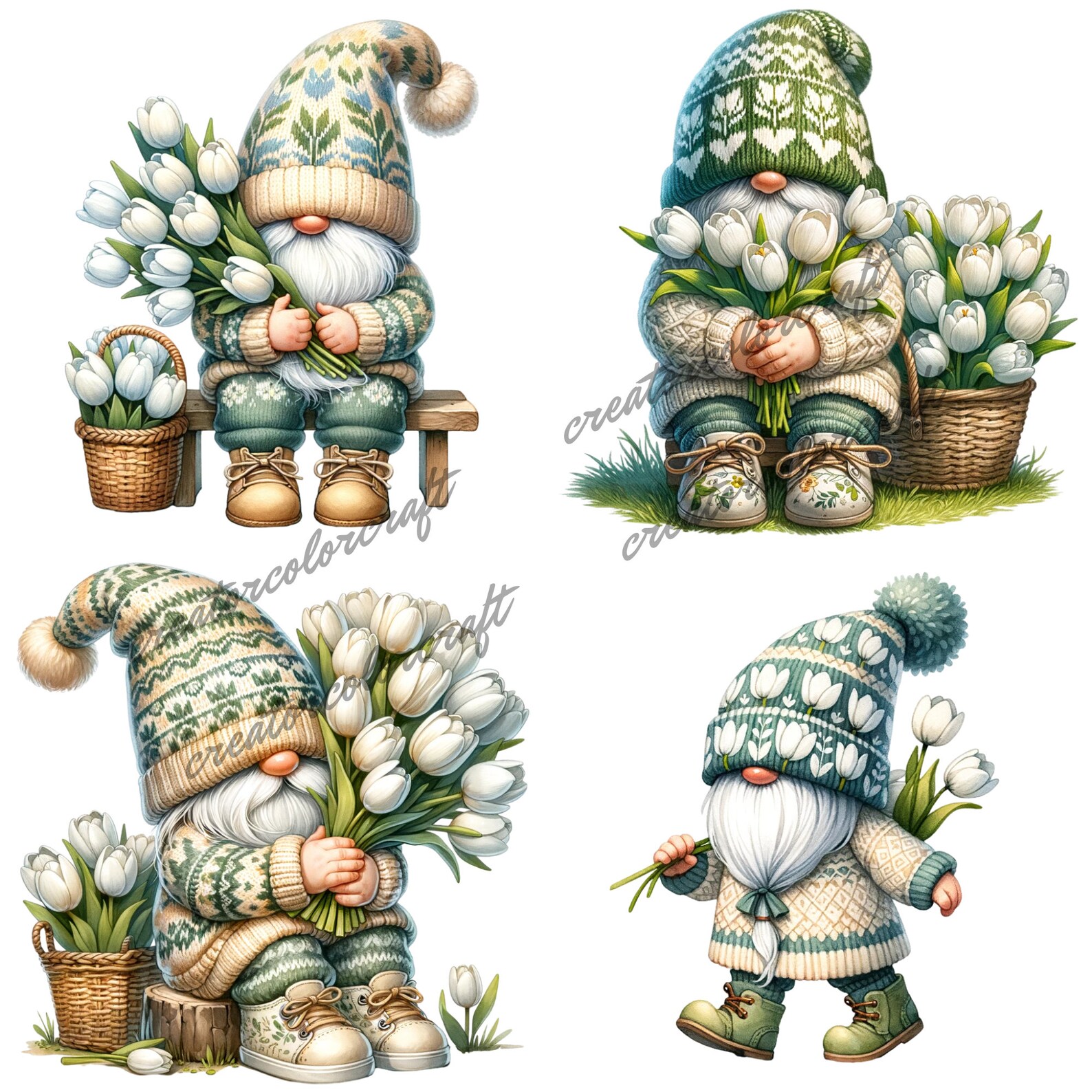 Tulip Flower Gnome Clipart, Bundle Png, Garden Clipart, Spring Gnome ...