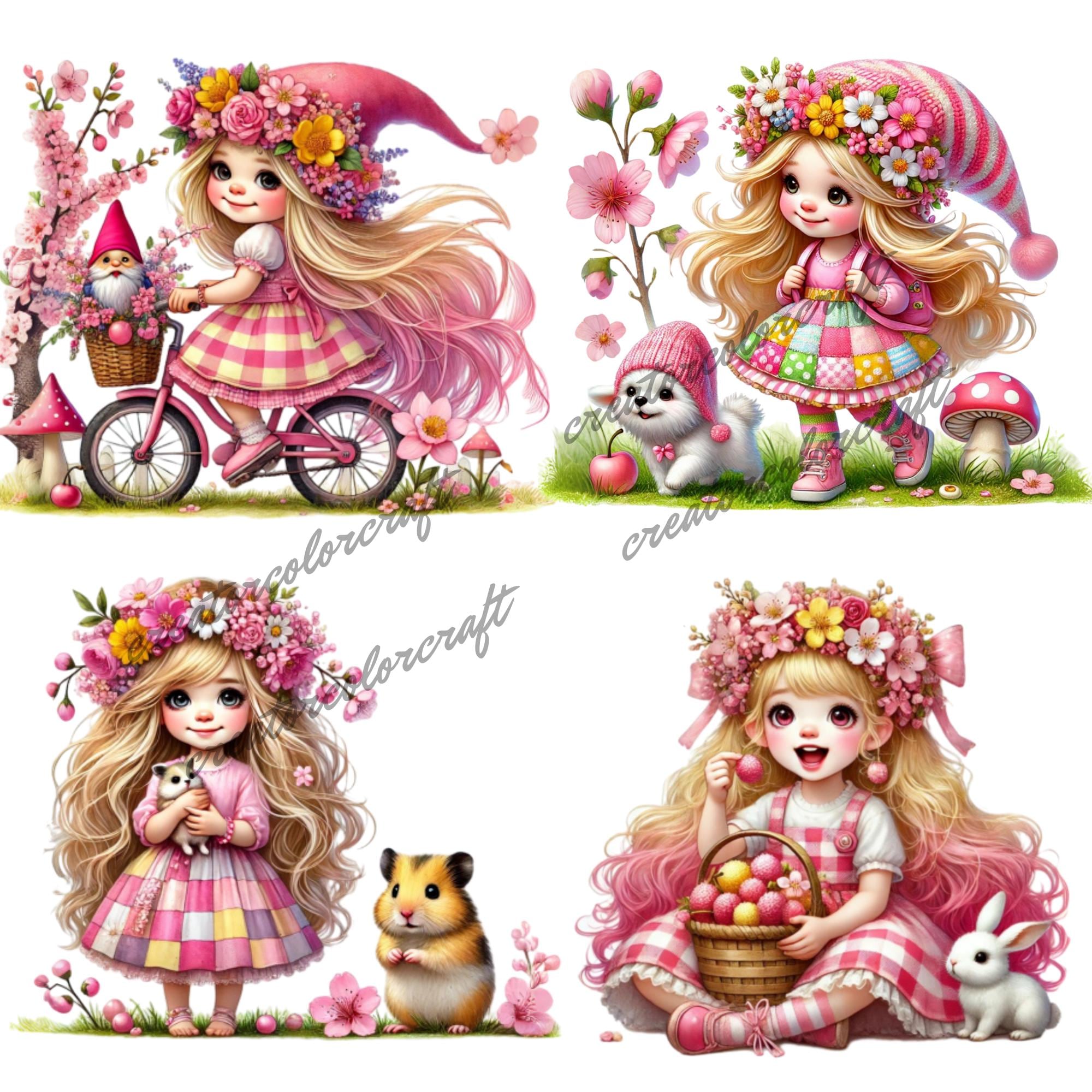 Pink Cherry Blossom Gnome Clipart, Bundle Png, Garden Clipart, Spring ...