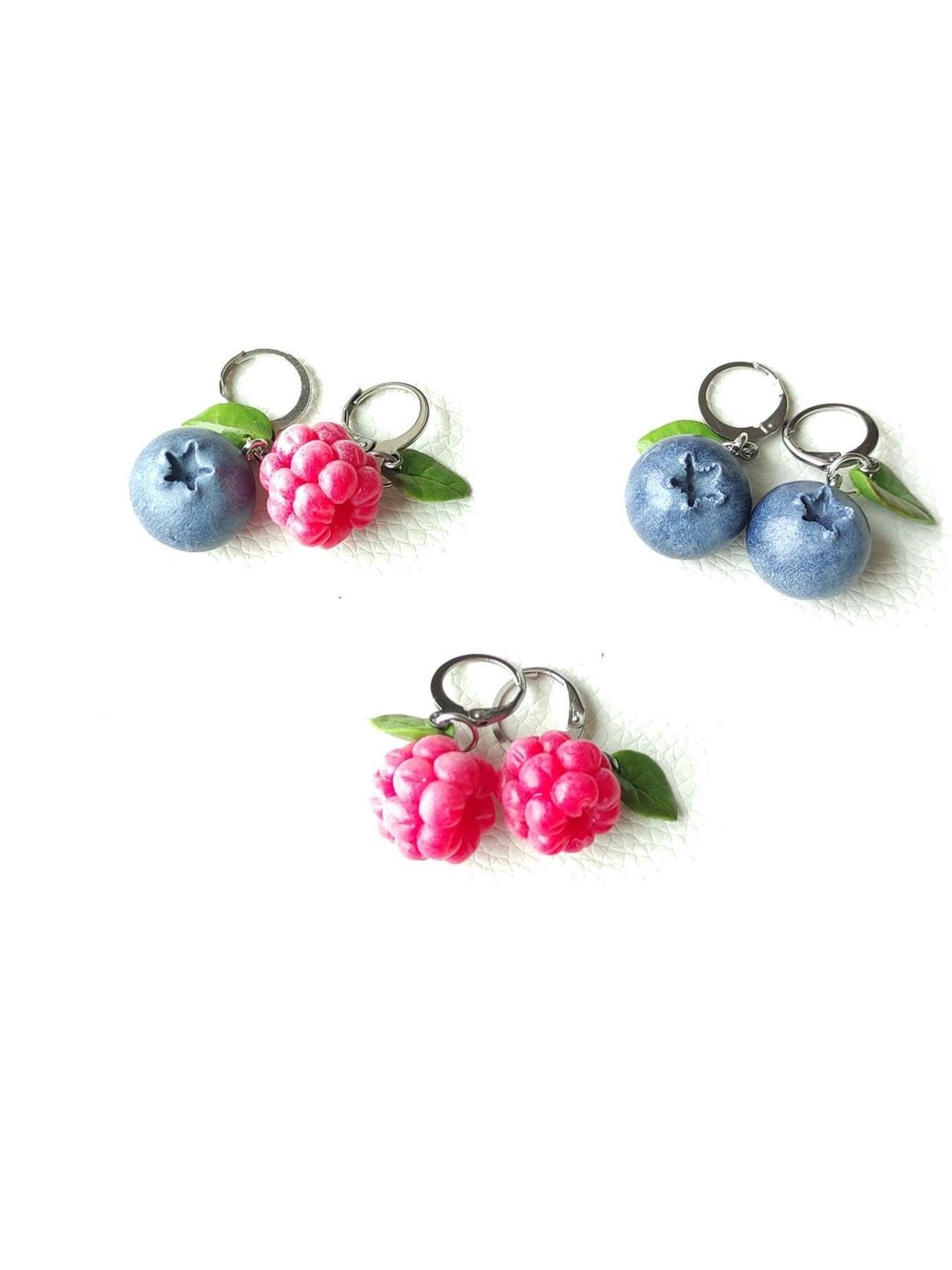 Handmade Raspberry Earrings, Polymer Clay Blueberry Earrings, Asymetric ...
