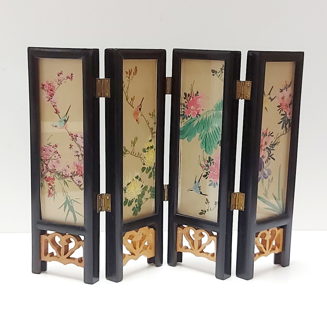 Mini Antique Chinese Folding Table Screen in Wood and Double-sided ...