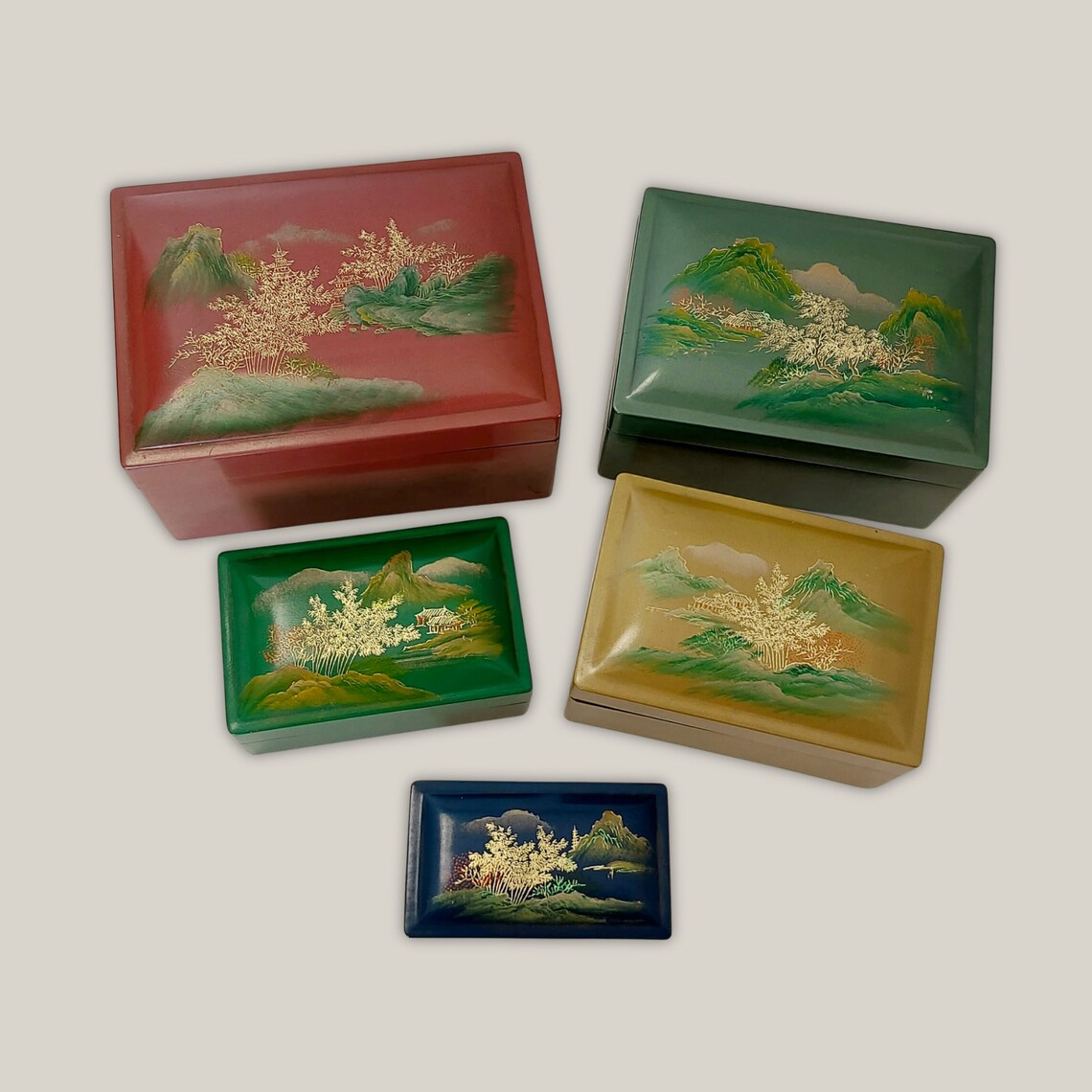 Set of 5 Interlocking Rectangular Lacquered Chinese Jewelry Boxes ...