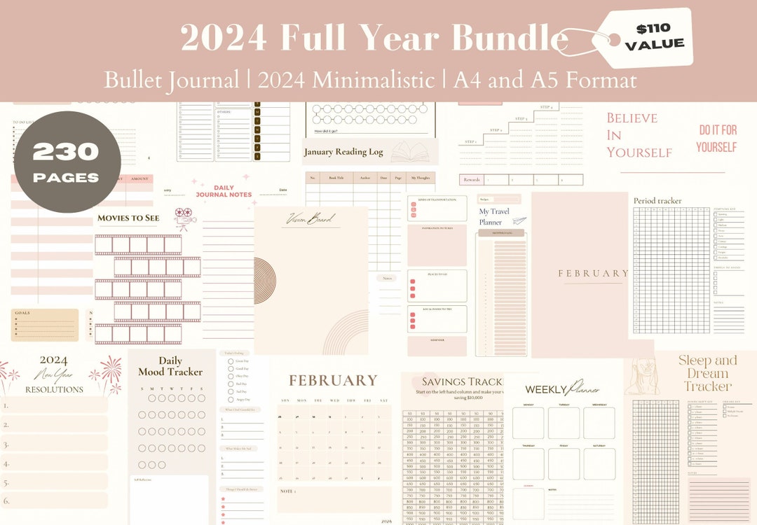 2024 Monthly Bundle Bullet Journal, Calendar and Tracker Minimalist ...