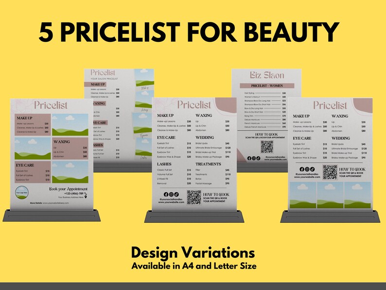 15 Editable Pricelist Template and Scan to Pay A4 Letter Mobile Bundle Canva Beauty Salon Makeup ...