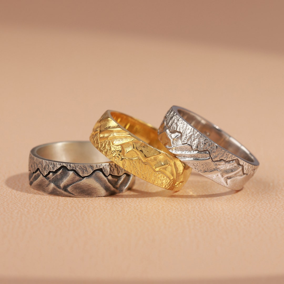 Nature Inspired View of Mountains Wedding Band Ring in 14K Gold or ...