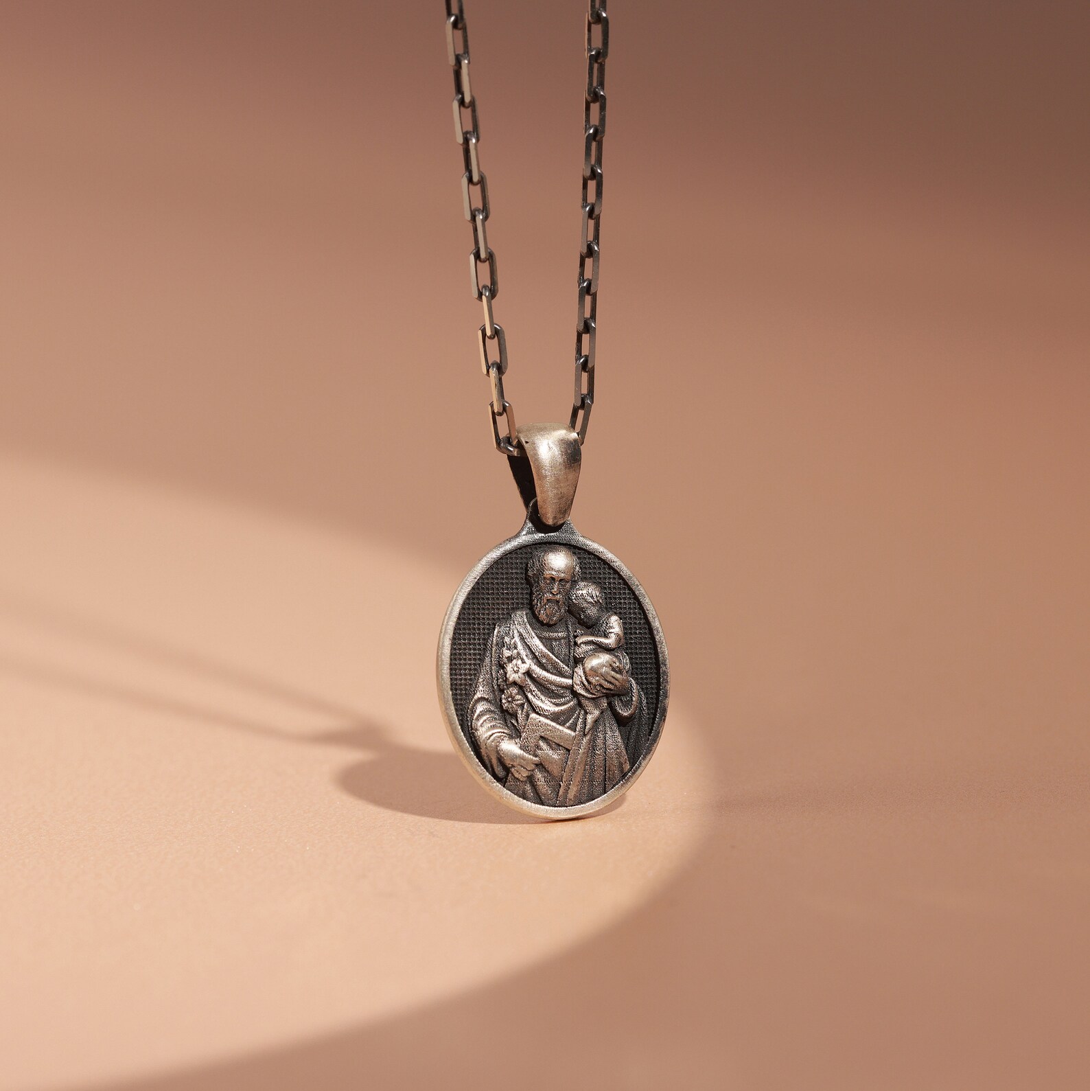 Medal Necklace With St Joseph in 14K Gold or 18K Gold, Saint Joseph ...