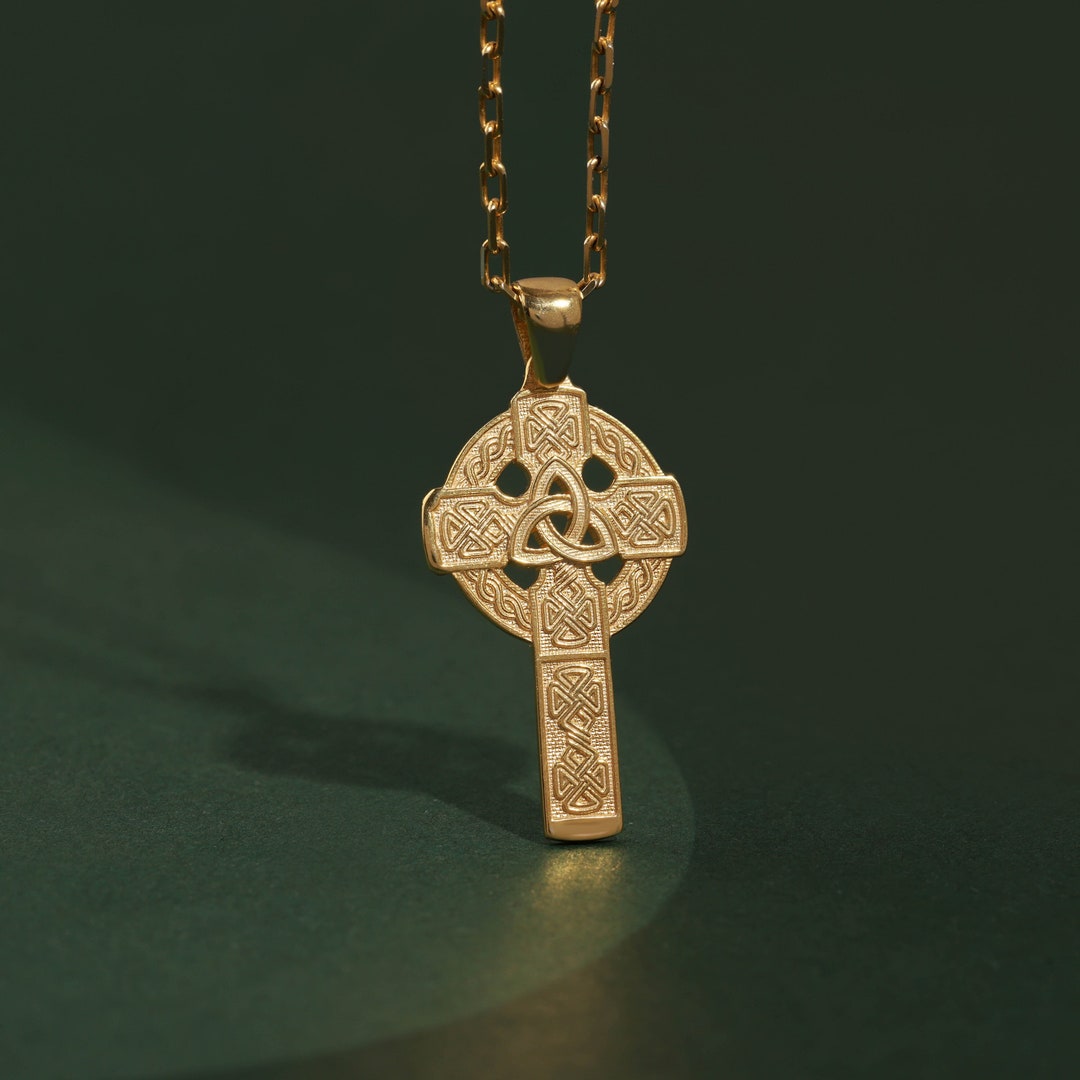 Celtic Irish Cross Necklace in 14K Gold for Mythologic Gift, Faith Ancient Necklace for Mom ...