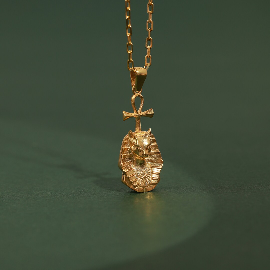 10K Gold Bastet With Ankh Necklace for Girlfriend, Egyptian Cross and ...