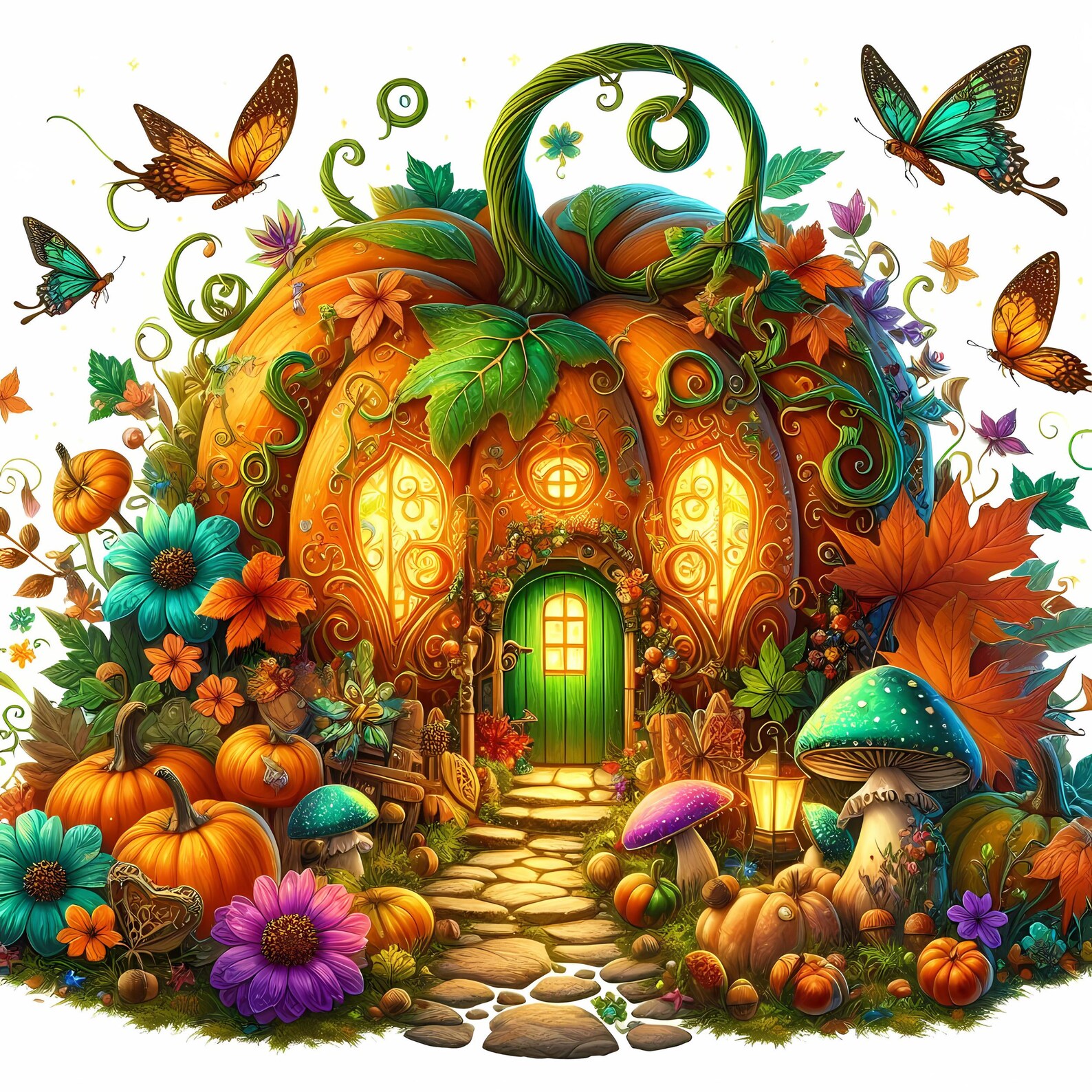 Whimsical Pumpkin Fairy House Clipart, 12 JPEG Fall Cottage Graphics ...