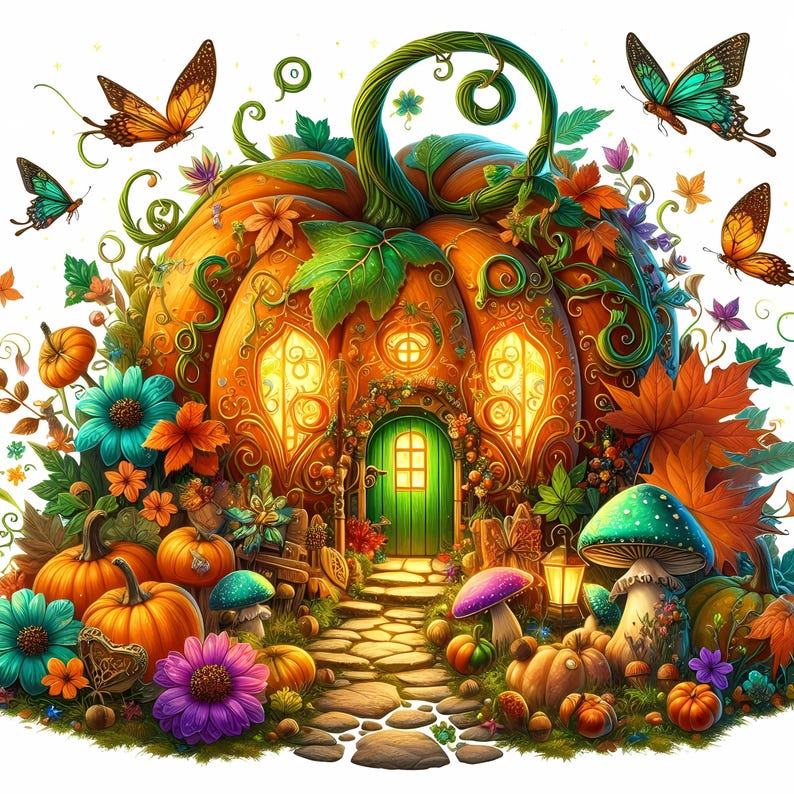 Whimsical Pumpkin Fairy House Clipart, 12 JPEG Fall Cottage Graphics ...