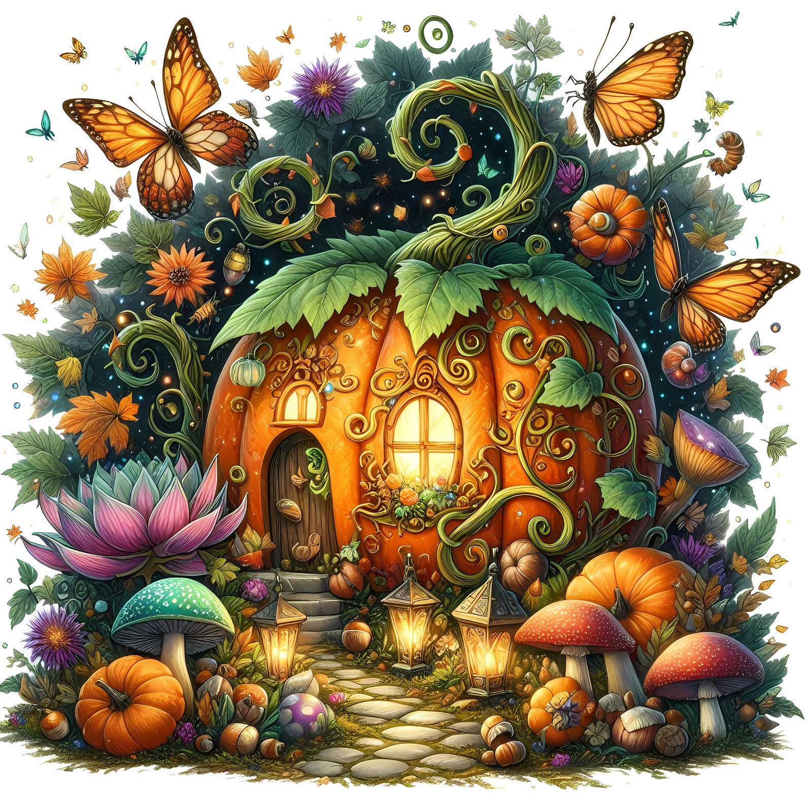 Whimsical Pumpkin Fairy House Clipart, 12 JPEG Fall Cottage Graphics ...