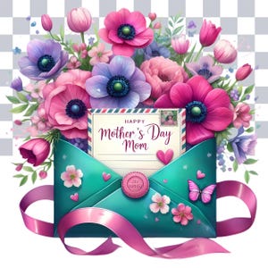 Mother’s Day Floral Envelope Clipart, Happy Mother Day Clipart, Set of ...