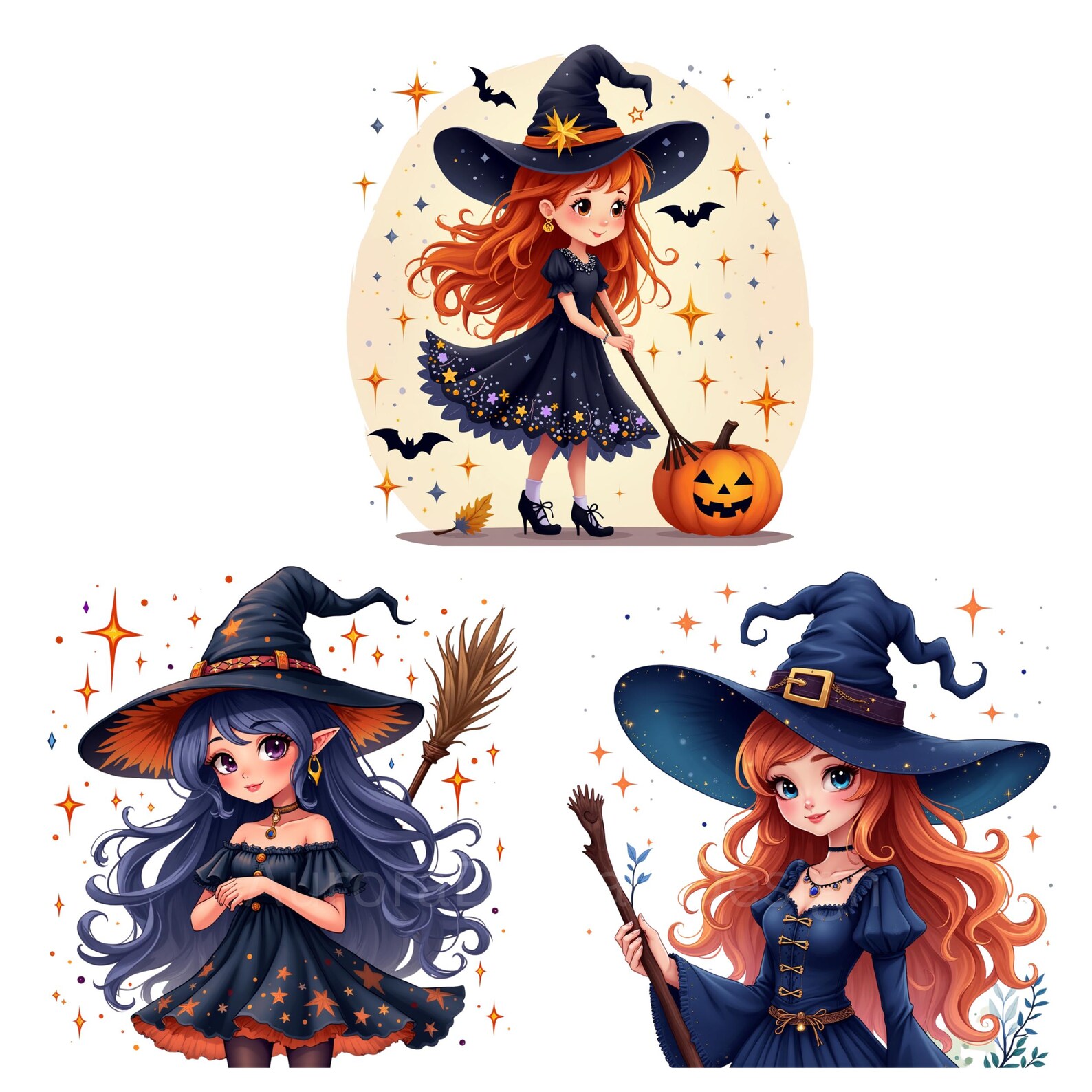 Whimsical Sparkly Witch Clipart, Set of 12 High-resolution Jpegs ...
