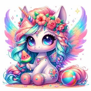 Watercolor Summer Beach Unicorn Clipart, 15 JPEG Vacation Unicorn ...