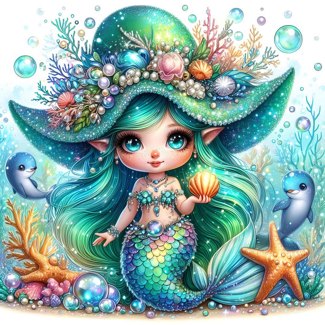 Mermaid Gnome Clipart: Ocean Pearl Fantasy Graphics (JPEG Digital Set ...