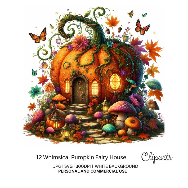 Whimsical Pumpkin Fairy House Clipart, 12 JPEG Fall Cottage Graphics ...