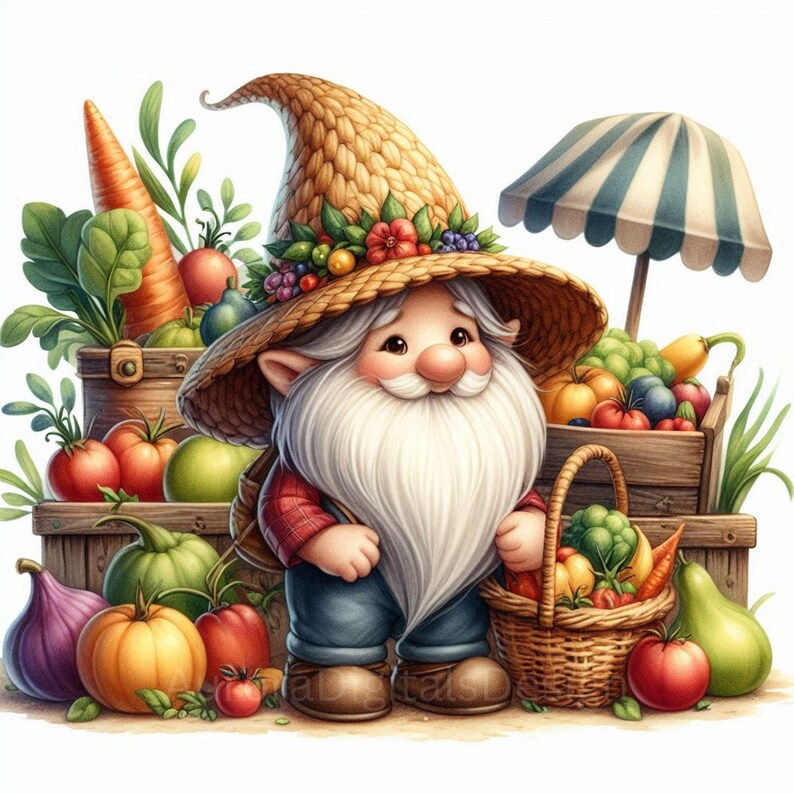 Farmer Market Gnomes Clipart Set of 12 JPEG Whimsical Gnomes With Fresh ...