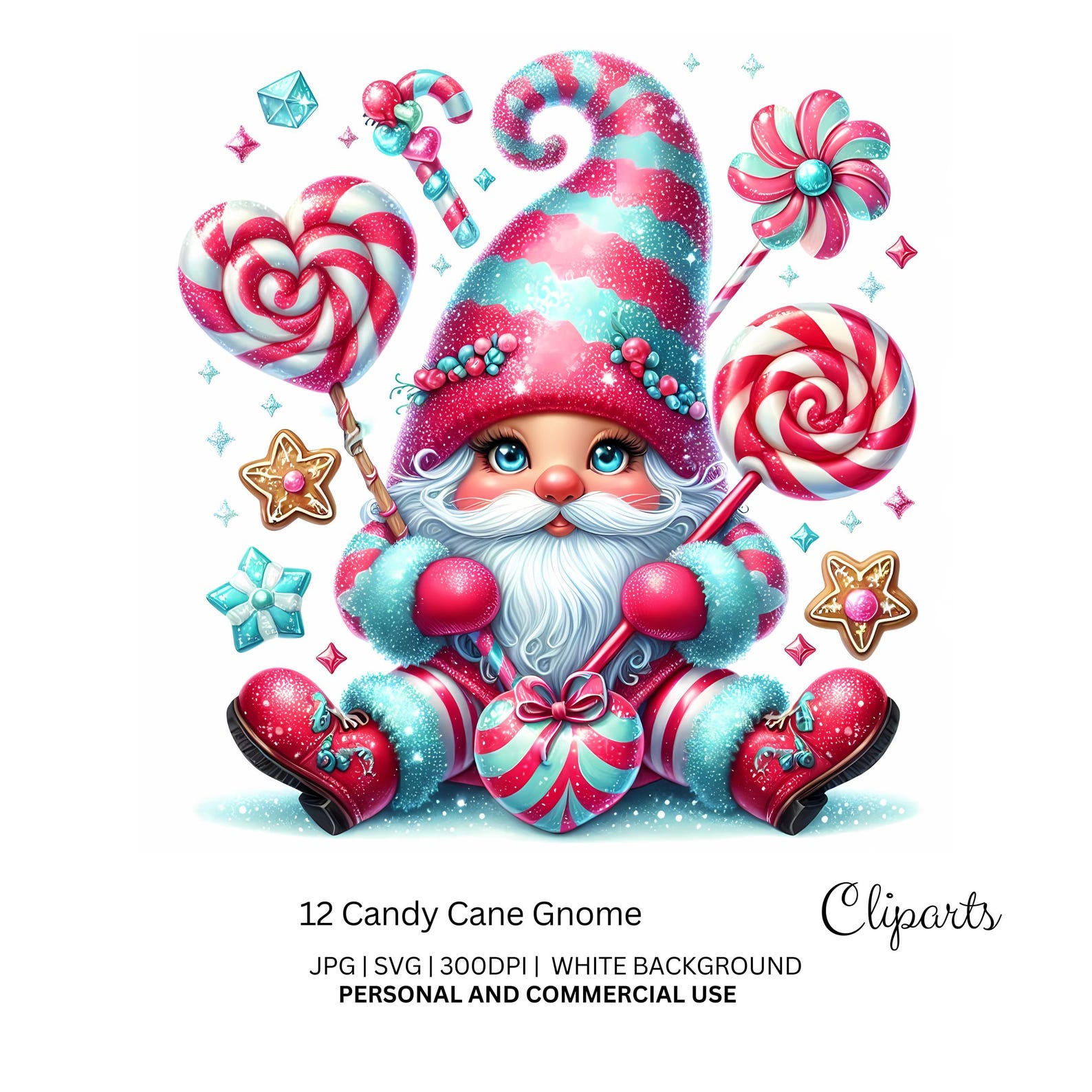 Candy Cane Gnome Clipart, 12 JPEG Christmas Gnome Graphics, Holiday ...