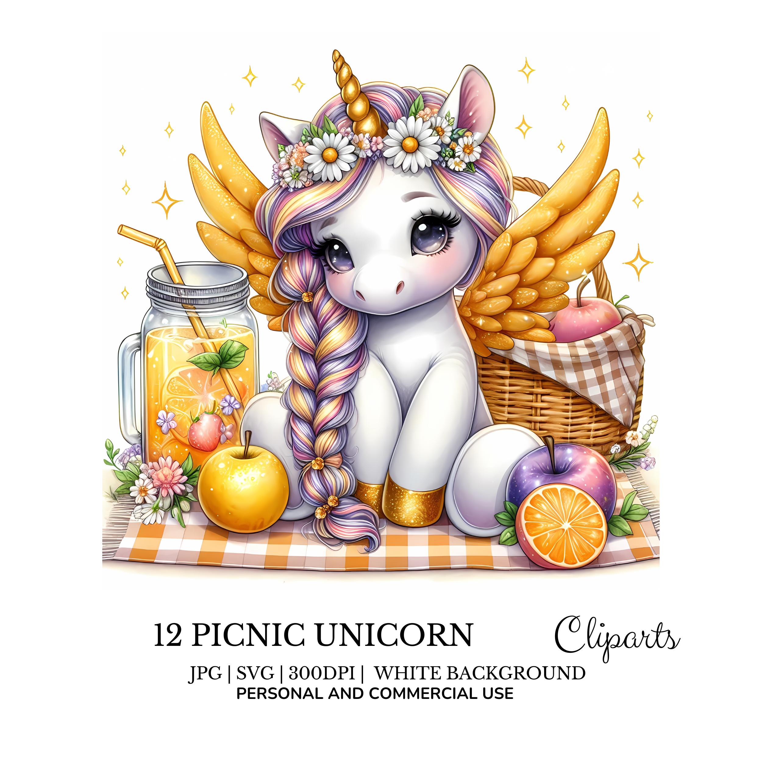 Picnic Unicorn Clipart, Summer Wings & Flowers, Fruit Basket Art, Set ...