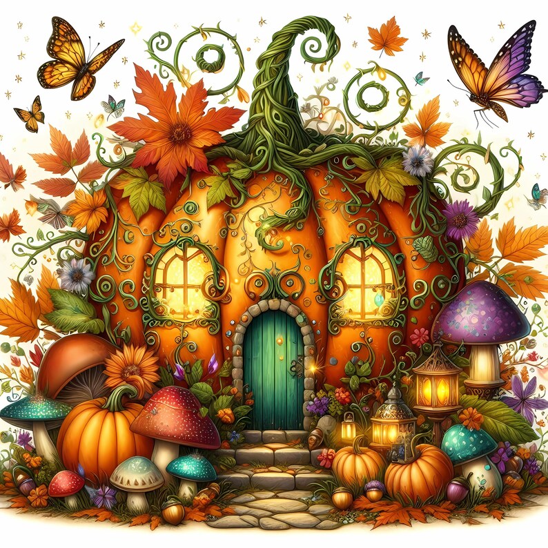Whimsical Pumpkin Fairy House Clipart, 12 JPEG Fall Cottage Graphics ...