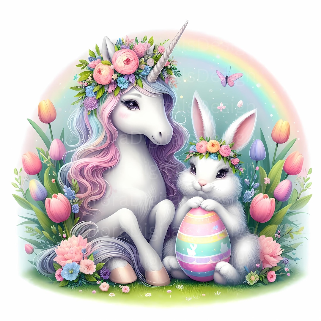Easter Unicorn Clipart: Pastel Bunny, Eggs & Flowers (JPEG File) - Etsy