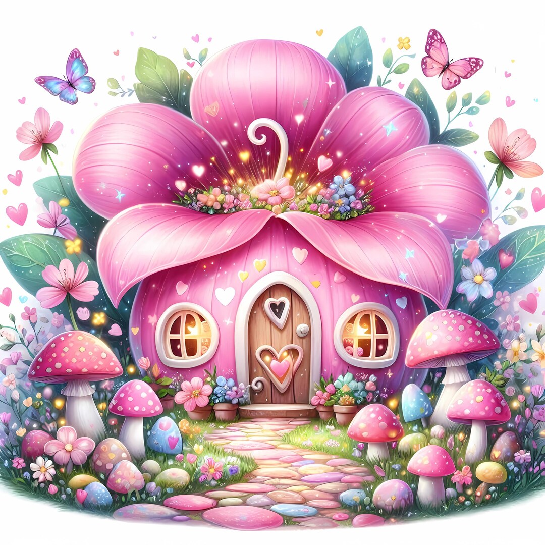 Cute Pink Fairy House Clipart, 12 JPEG Whimsical Cottage Graphics ...