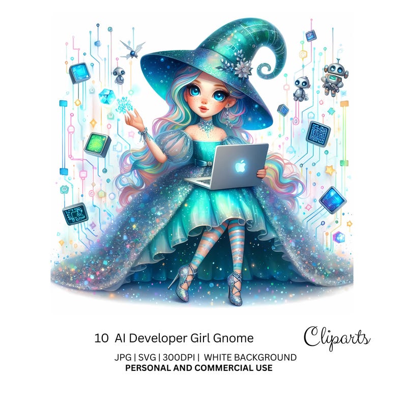 AI Developer Girl Gnome Clipart, 10 JPEG Tech Gnome Graphics ...