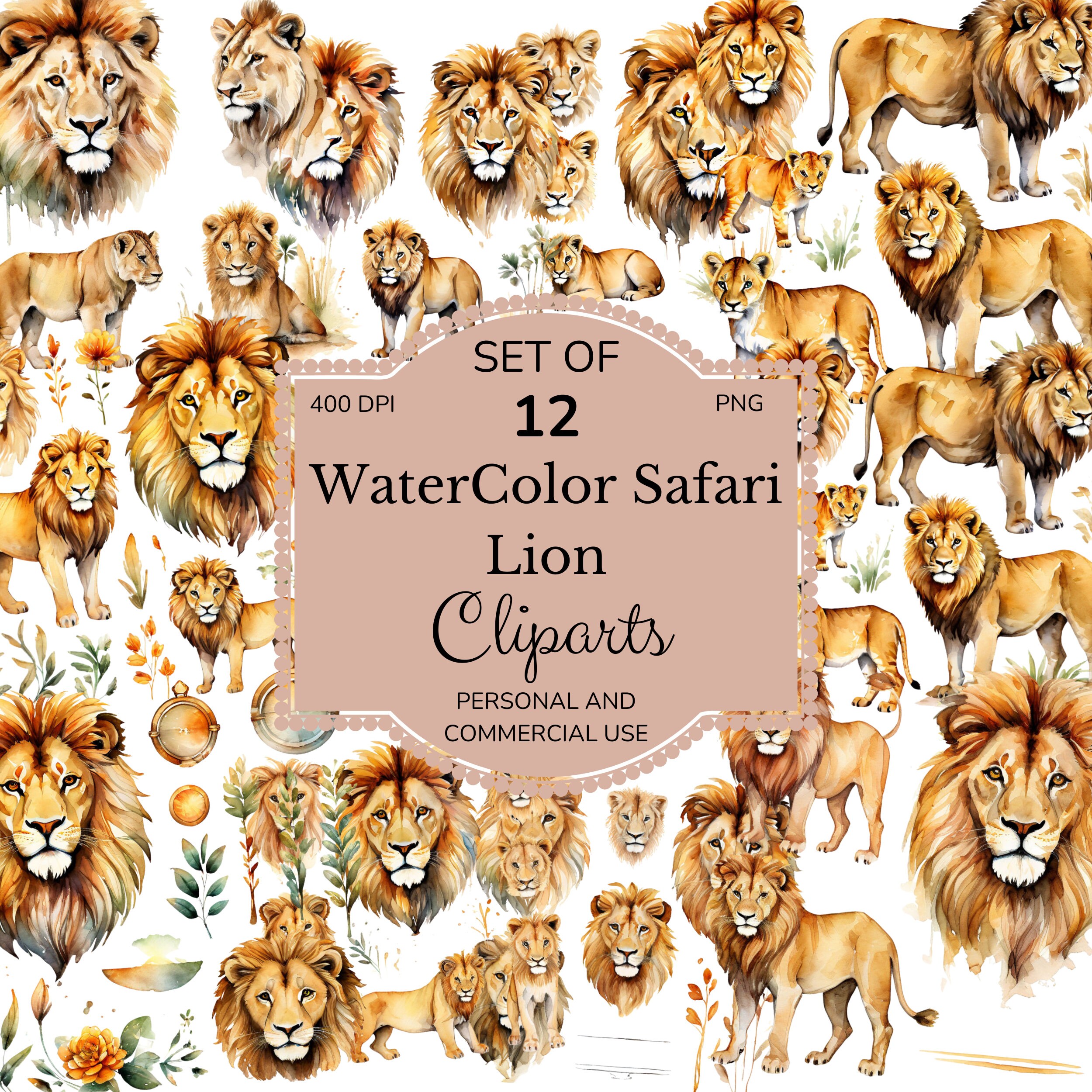 Watercolor Safari Lion Clip Art PNG Bundle ,t-shirt Printing Design ...