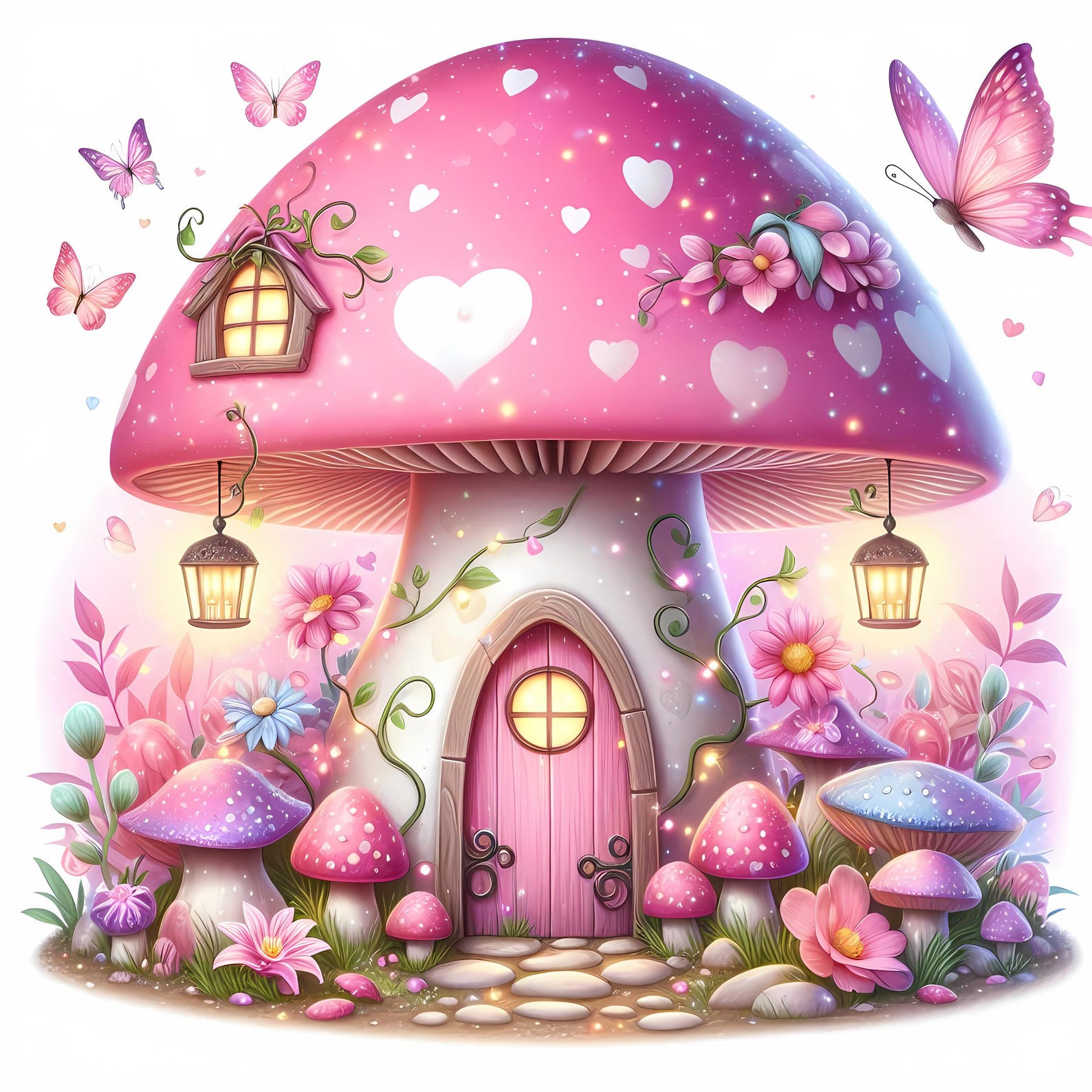 Mushroom Fairy House Clipart: Pink Cottage Graphics (12 Jpegs ...