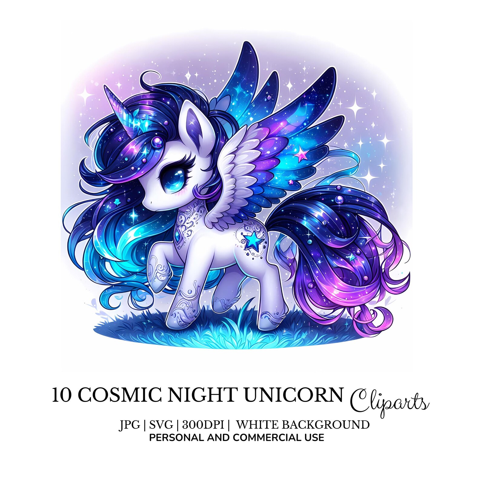 Water Color Baby Unicorn Clipart, Cosmic Night Unicorn Clipart , Set of ...