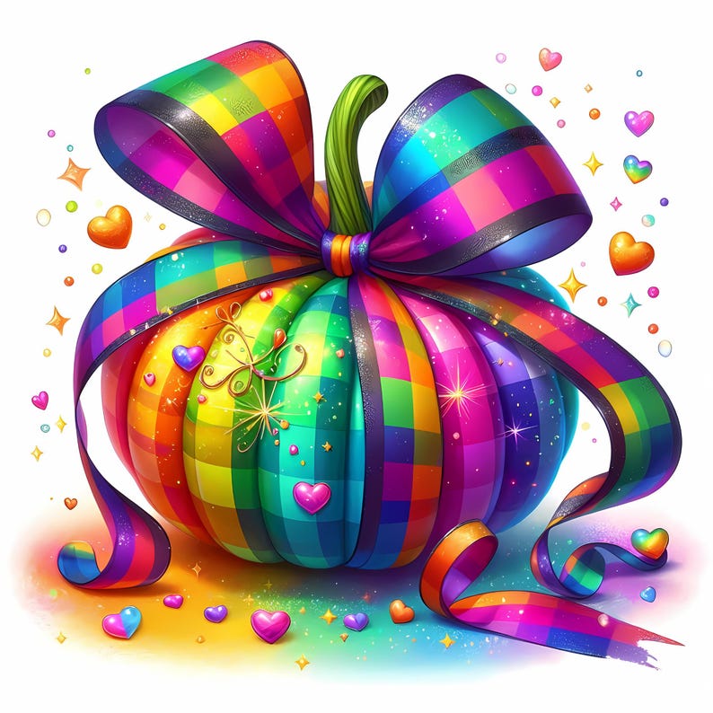 Rainbow Gingham Pumpkin Clipart: Pastel Fall Art, Satin Ribbon (12 JPEG ...
