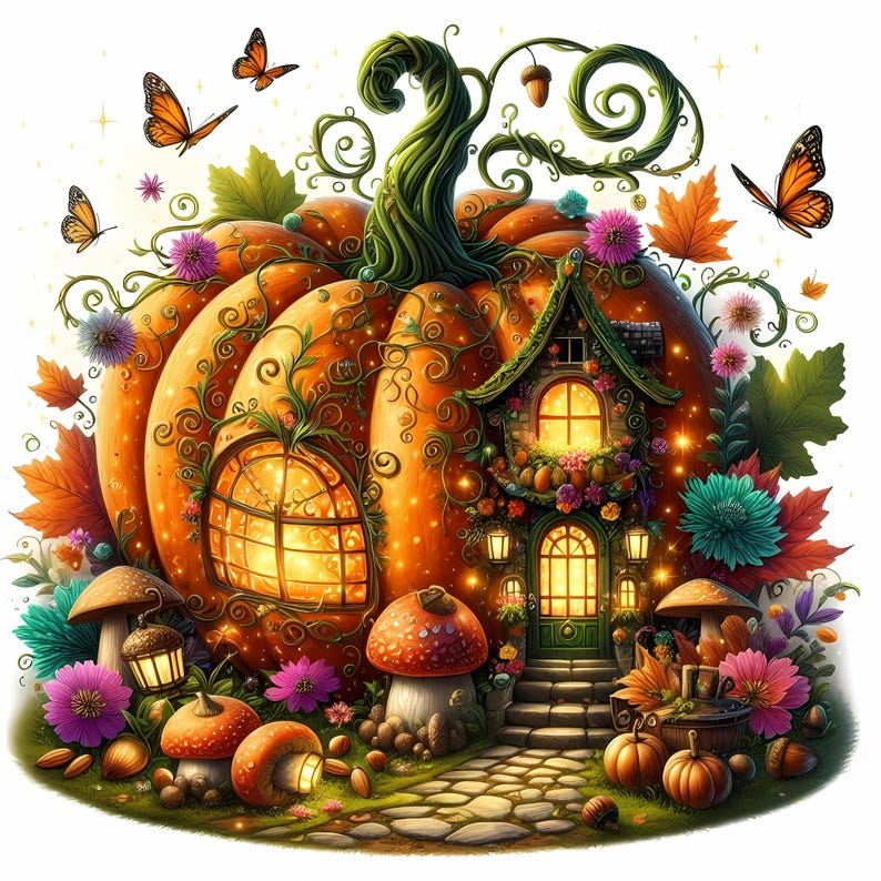 Whimsical Pumpkin Fairy House Clipart, 12 JPEG Fall Cottage Graphics ...