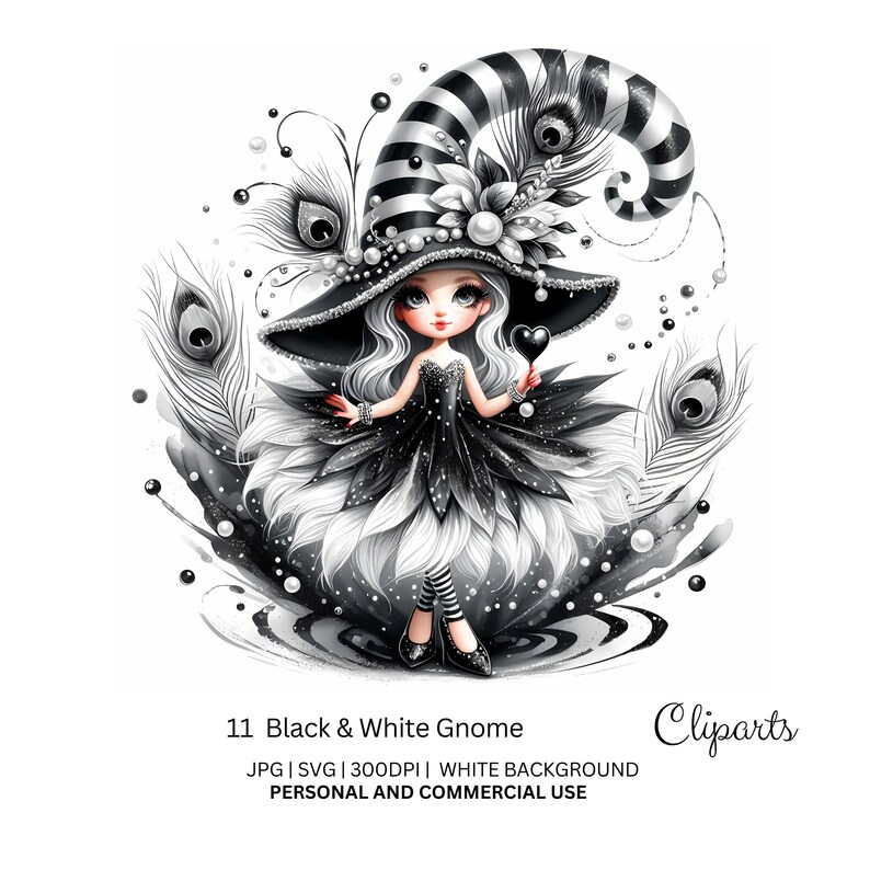 Black and White Gnome Clipart, 11 JPEG Line Art Gnomes, Monochrome ...
