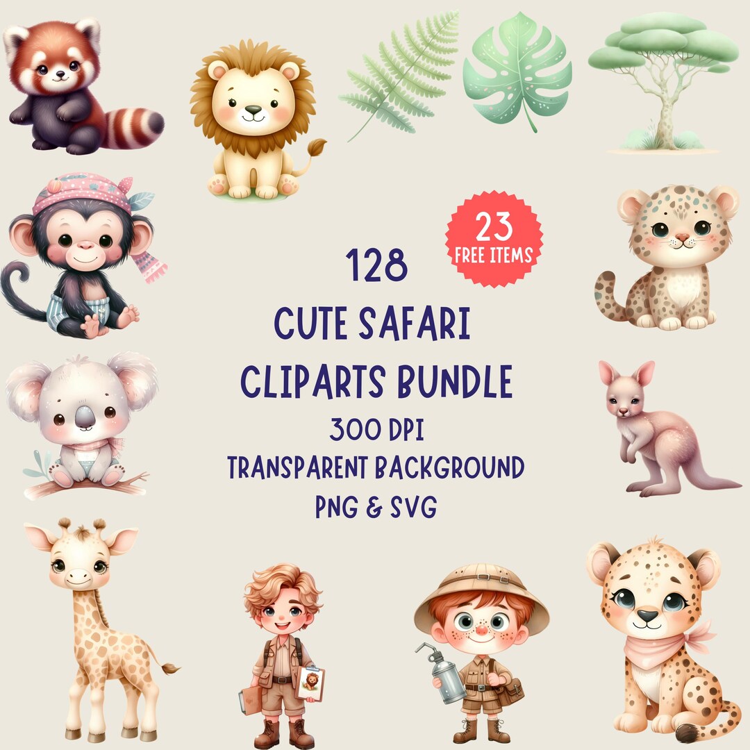 Cute Safari Animal Clipart, Jungle Animals PNG, Nursery Wall Art, Baby ...