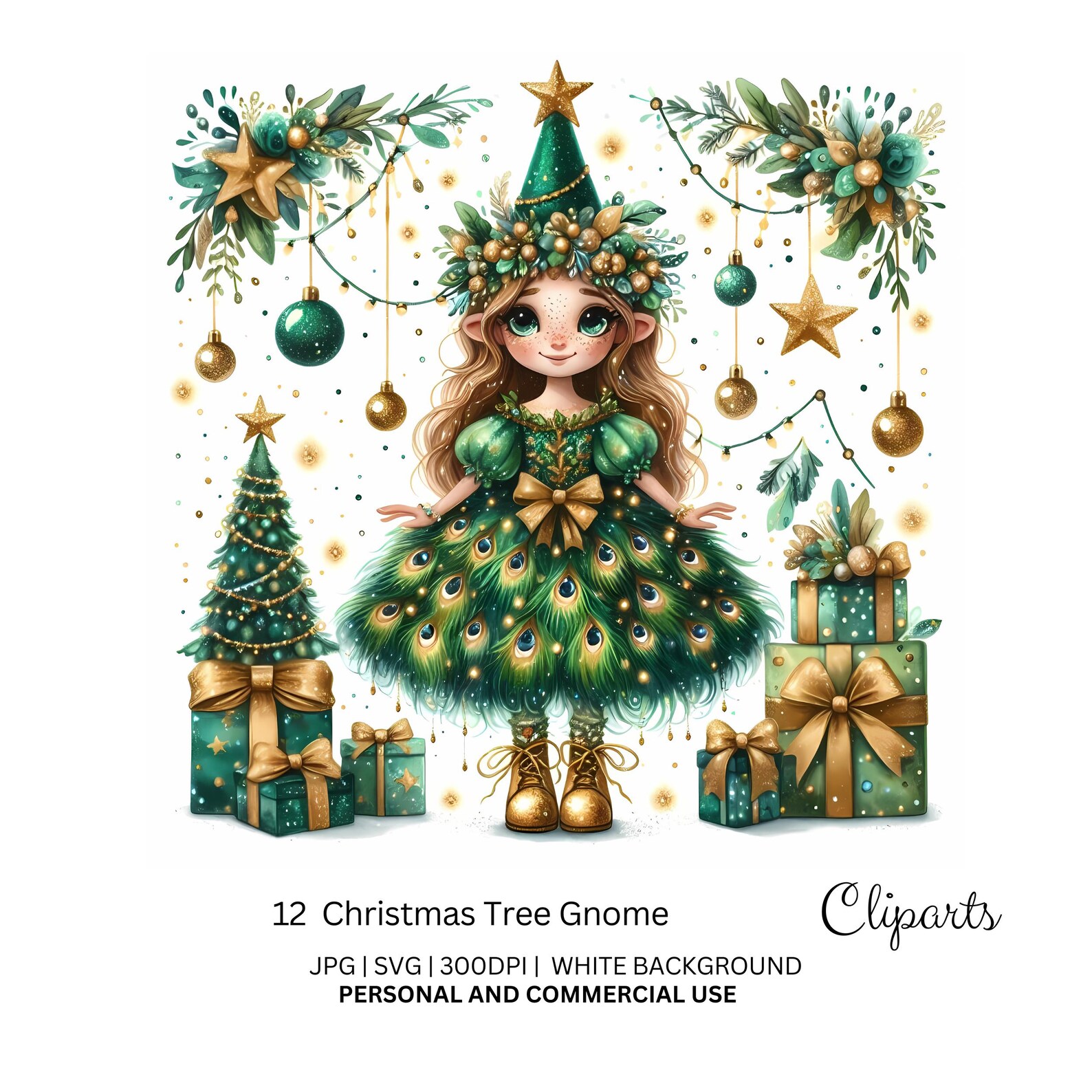 Christmas Tree Gnome Clipart, 12 JPEG Holiday Gnome Graphics, Festive ...