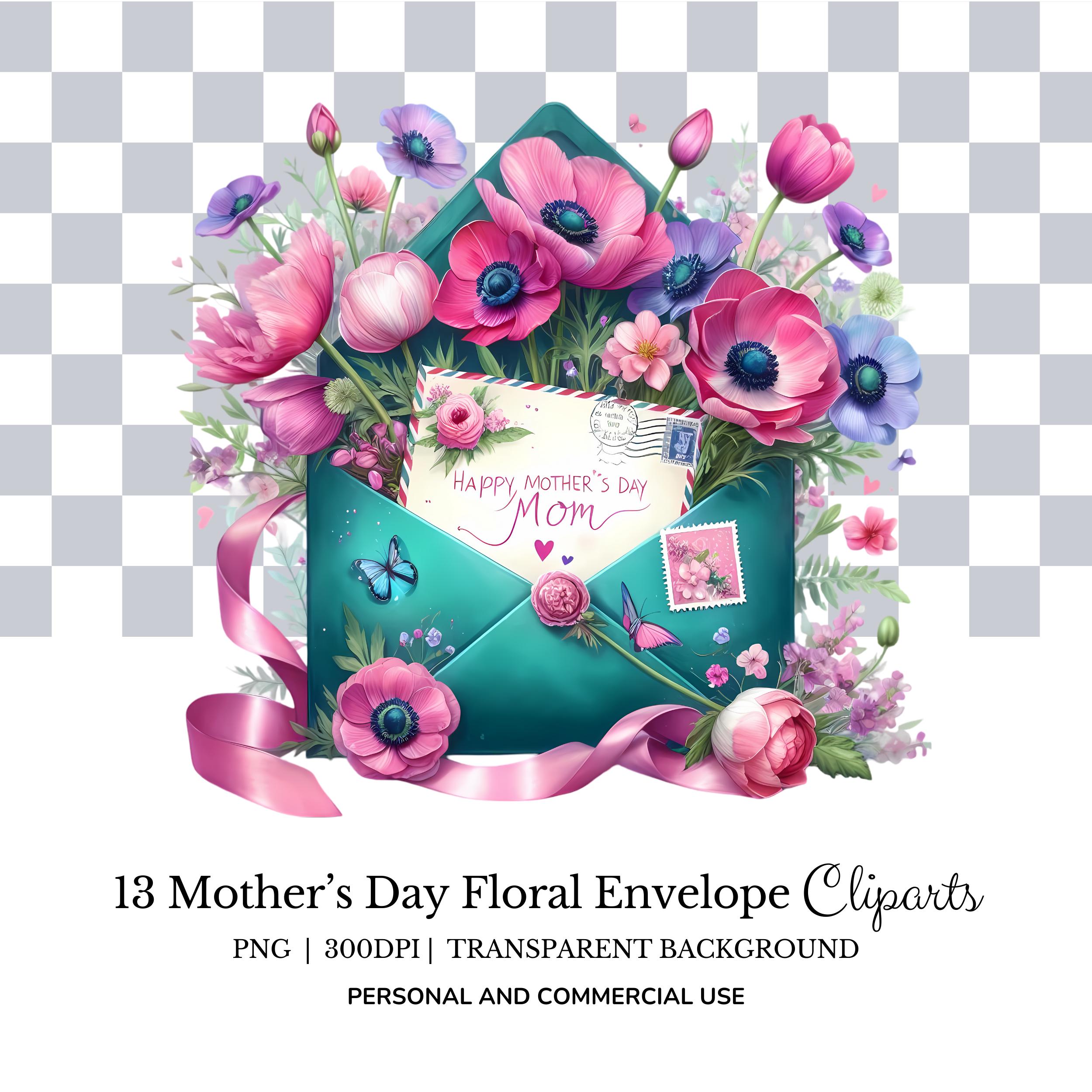 Mother’s Day Floral Envelope Clipart, Happy Mother Day Clipart, Set of ...