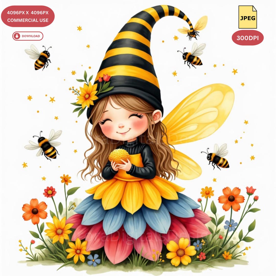Flower Bee Gnomes Clipart, Cute Gnome SVG & JPEG Bundle, Floral Bee Art ...