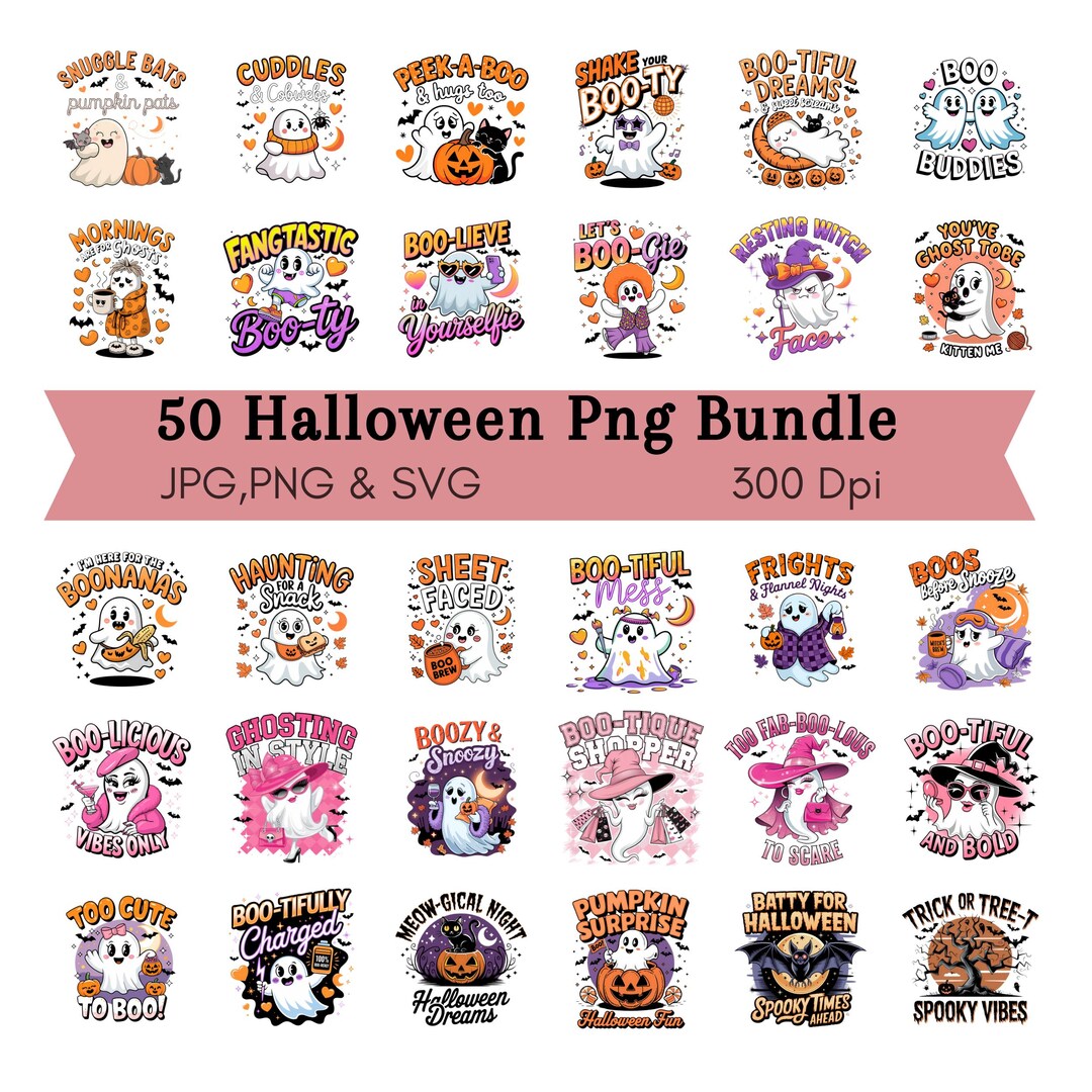 50 Halloween PNG Bundle, Cute Ghosts Png, Pink Halloween Png, Retro ...