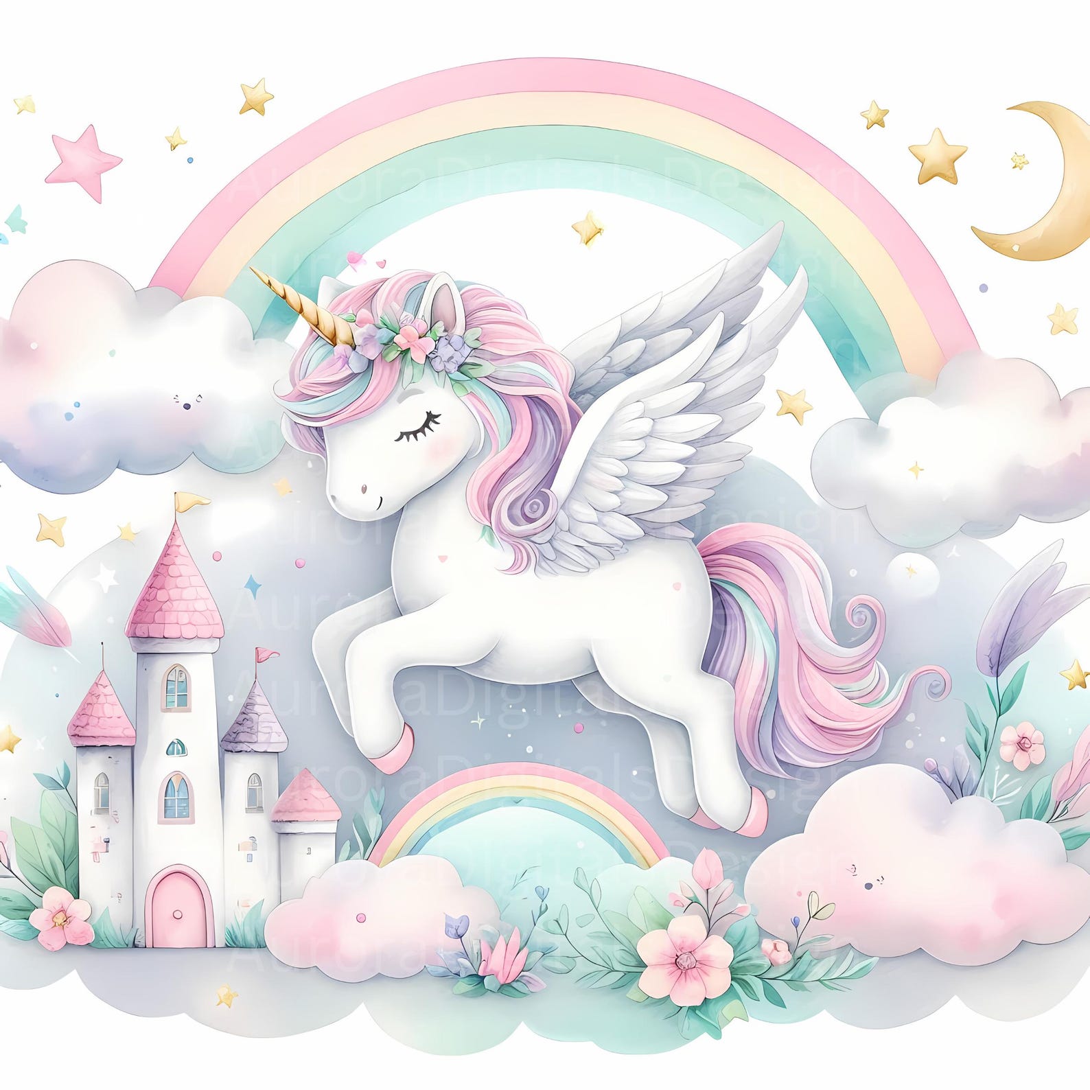 Pastel Unicorn Clipart, Set of 12 JPEG FILE, Cute Watercolor Unicorn ...