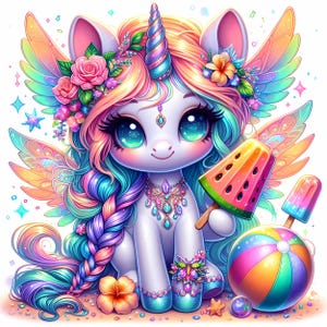 Watercolor Summer Beach Unicorn Clipart, 15 JPEG Vacation Unicorn ...