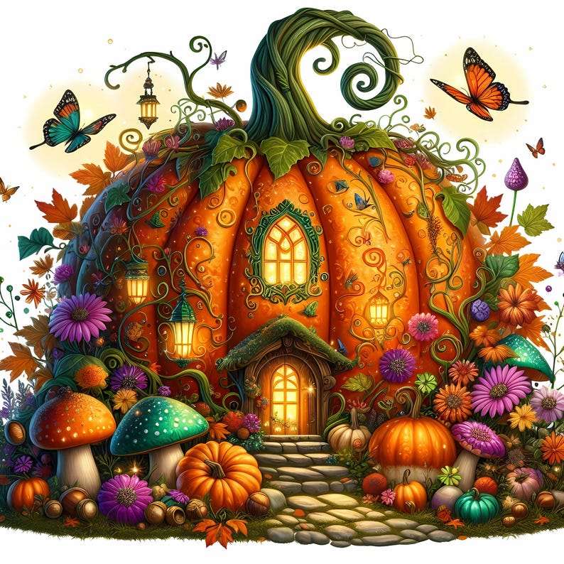 Whimsical Pumpkin Fairy House Clipart, 12 JPEG Fall Cottage Graphics ...