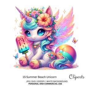 Watercolor Summer Beach Unicorn Clipart, 15 JPEG Vacation Unicorn ...