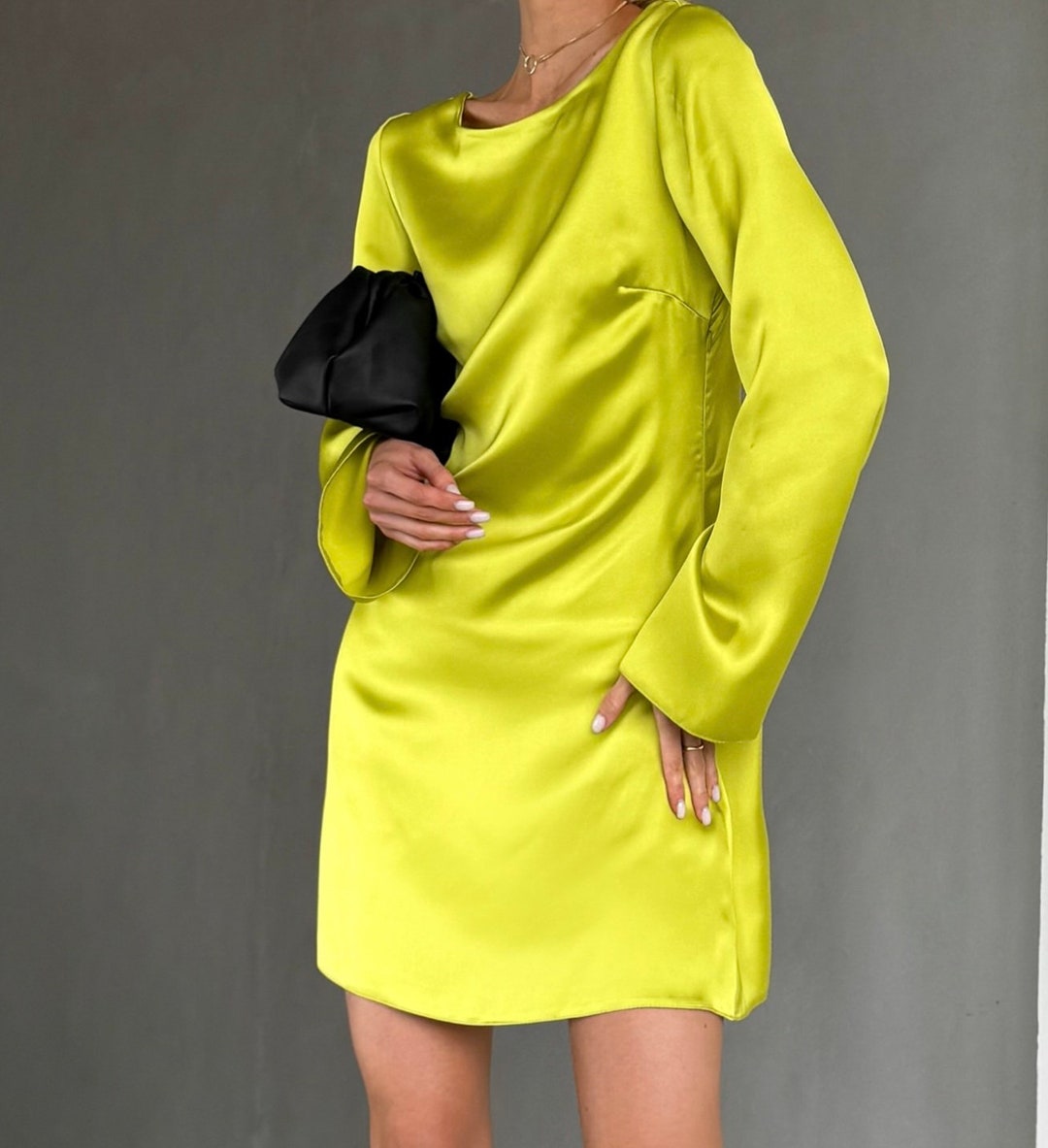 Light Green Satin Mini Dress for Women Parties Open Back Dress Long ...