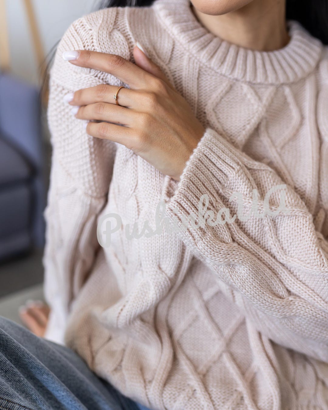 Beige Aran Wolle Pullover: Übergroßer Rundhals-Strickpullover - Etsy.de