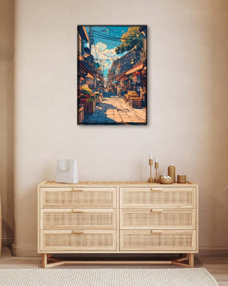 Japanese Morning Market Street Poster Wall Art Manga Style Cityscape