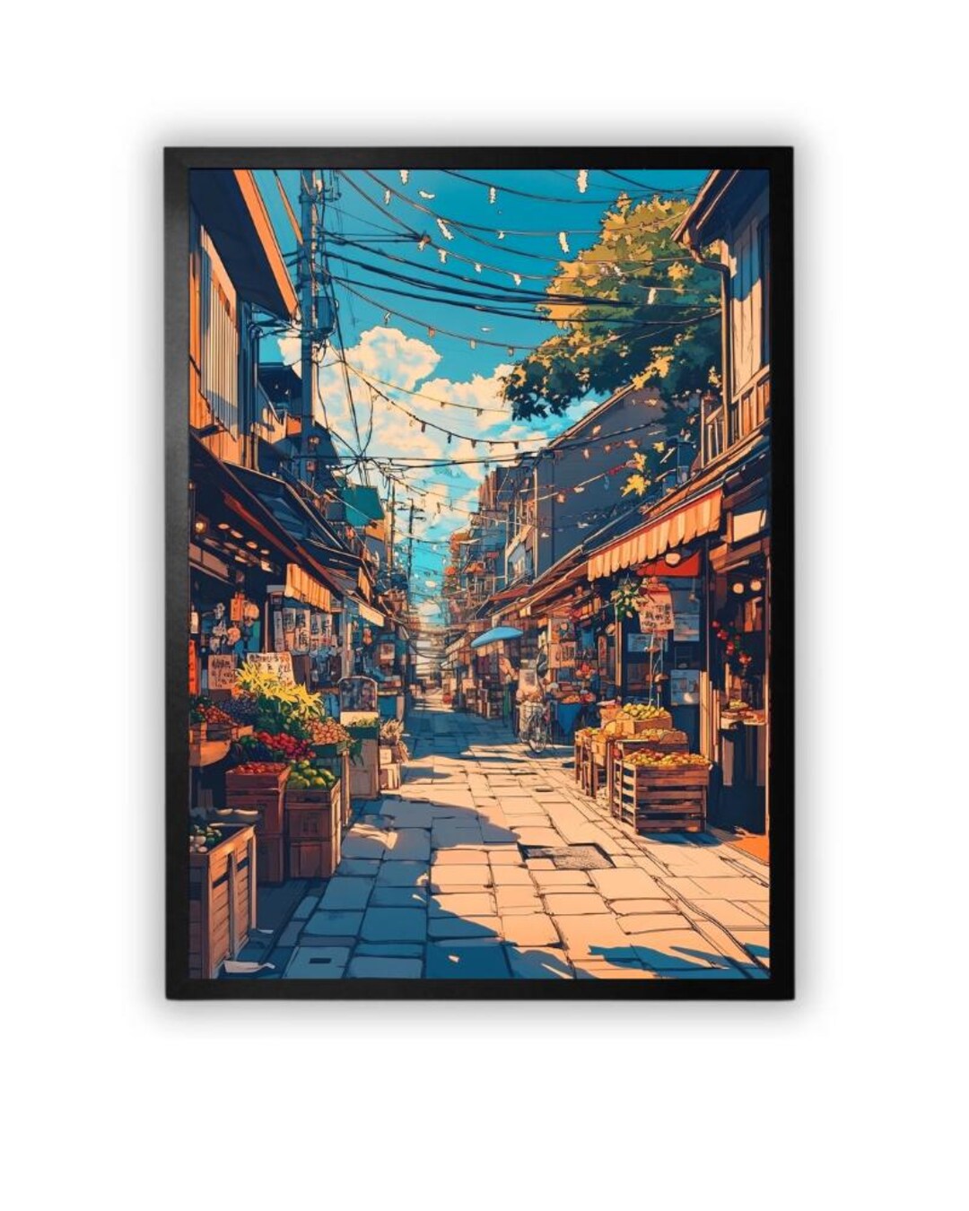 Japanese Morning Market Street Poster Wall Art, Manga-style Cityscape ...