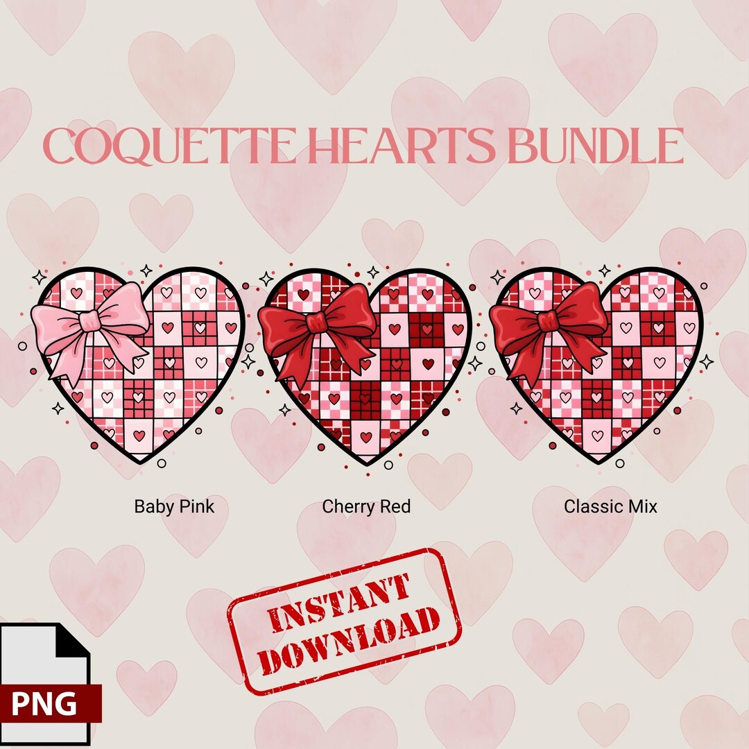 Coquette Heart PNG Bundle | 3 Pink & Red Checkered Bow Designs | Preppy ...